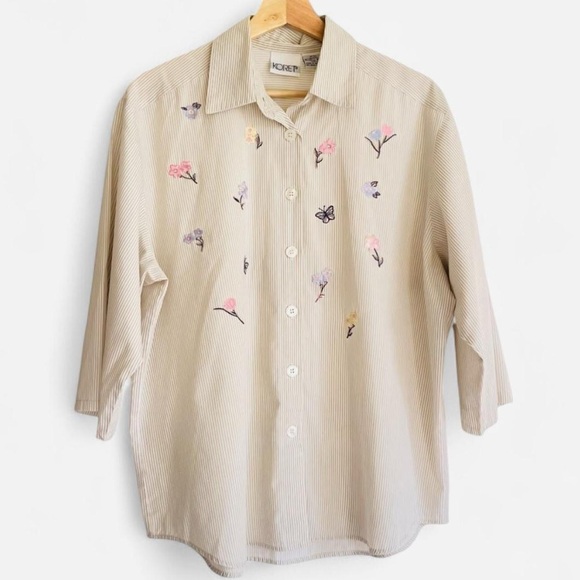 Koret | Tops | Vintage Koret Tan Striped Button Down Shirt Embroidered ...